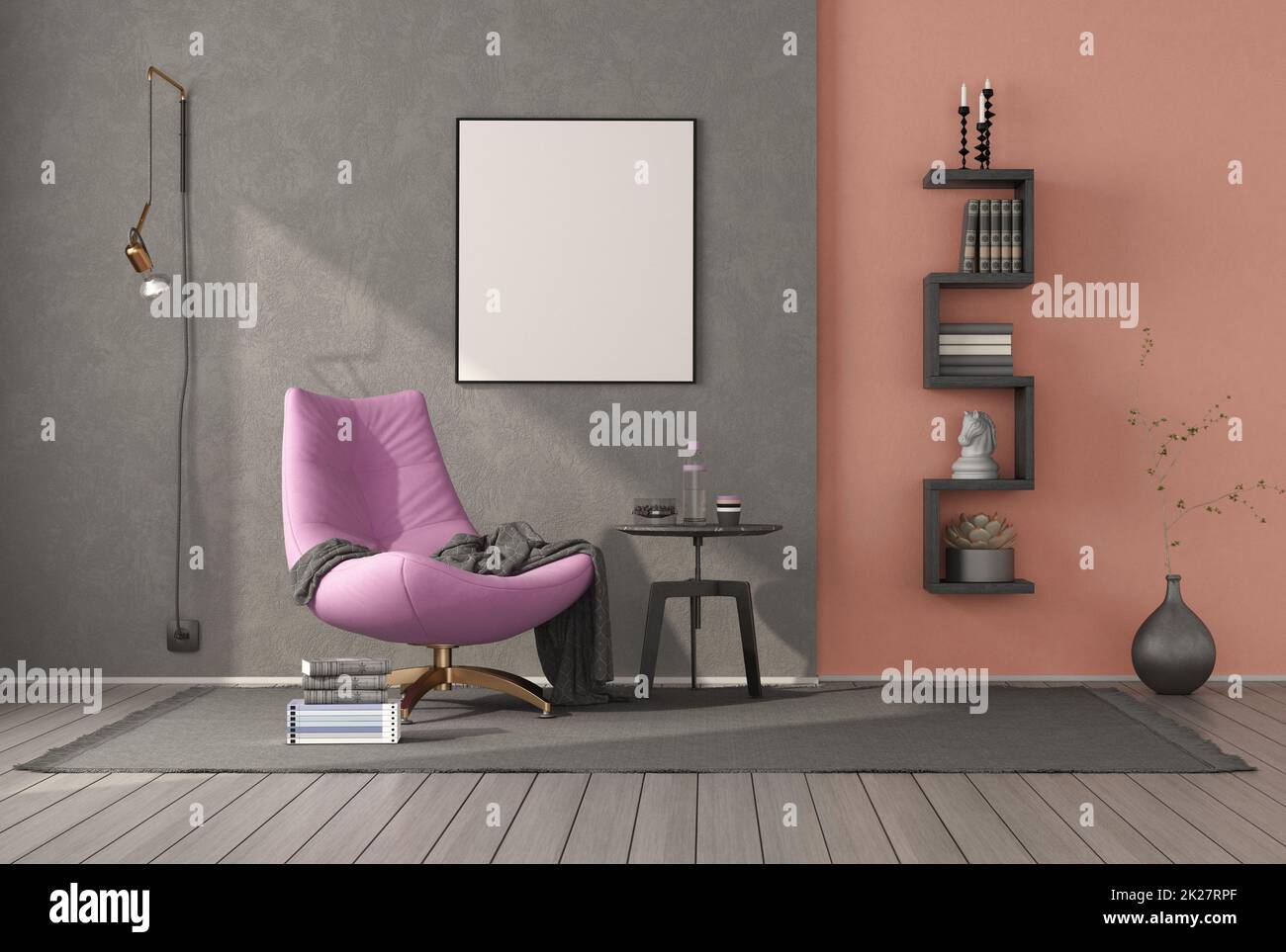 Relaxation room with pink armchair and little bookcase Stock Photo - Alamy