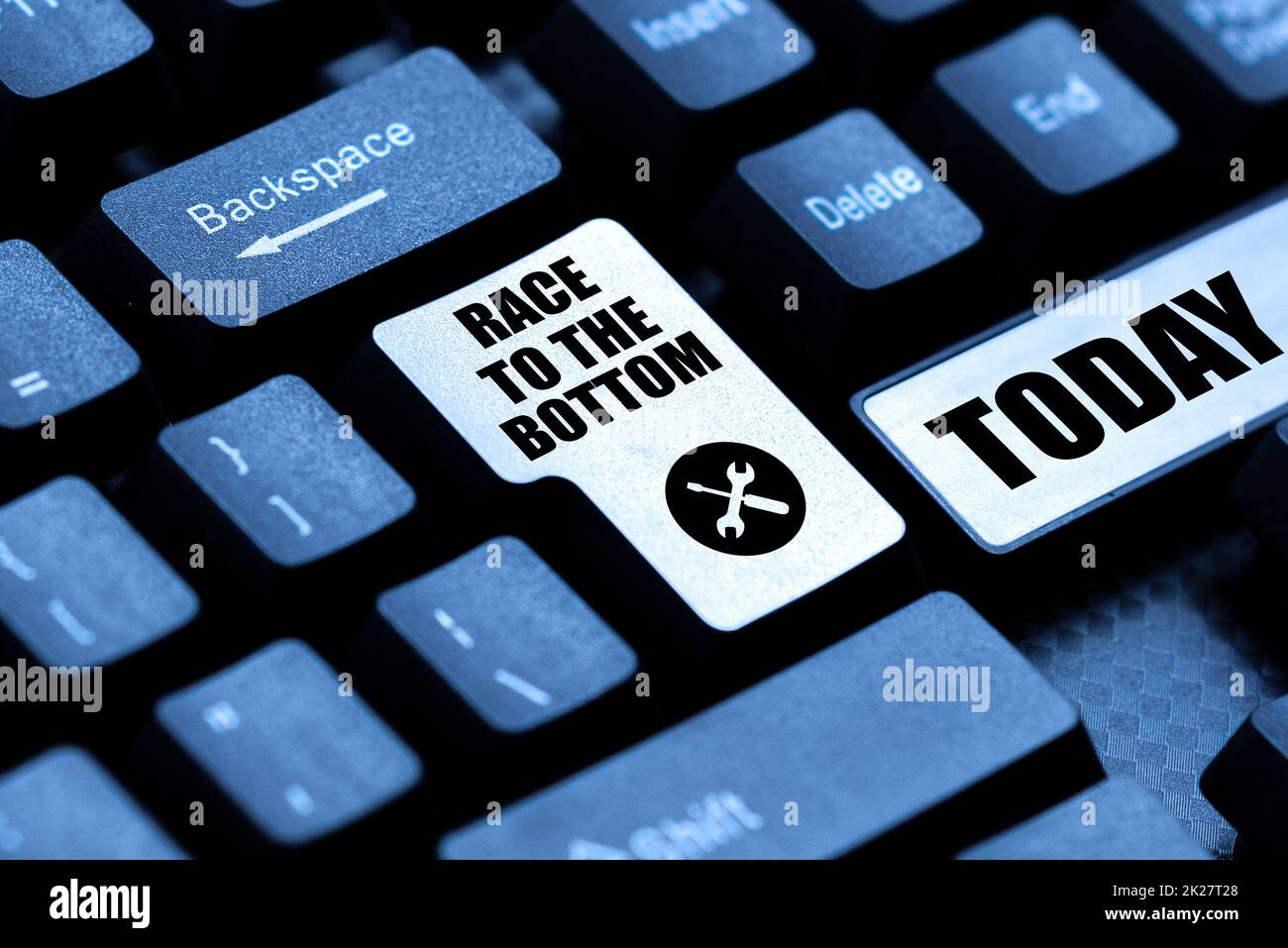 Hand writing sign Race To The Bottom. Word for competition of companies Sacrifice qualities ...