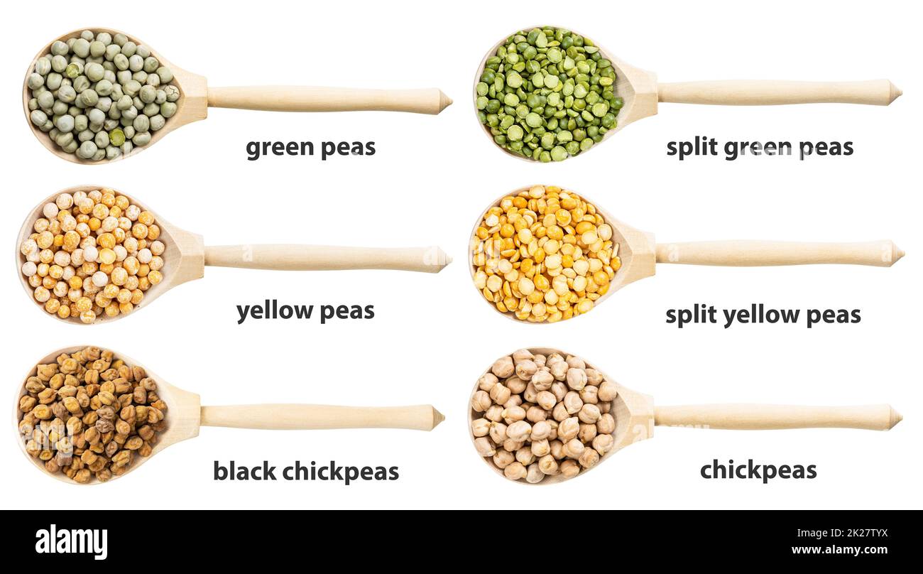 set of wooden spoon with various peas with names Stock Photo - Alamy
