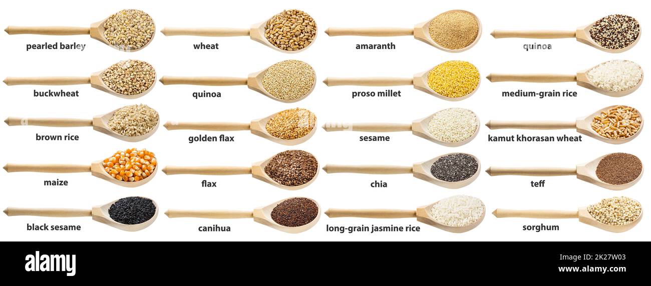 set of polished grains with names in wood spoons Stock Photo - Alamy