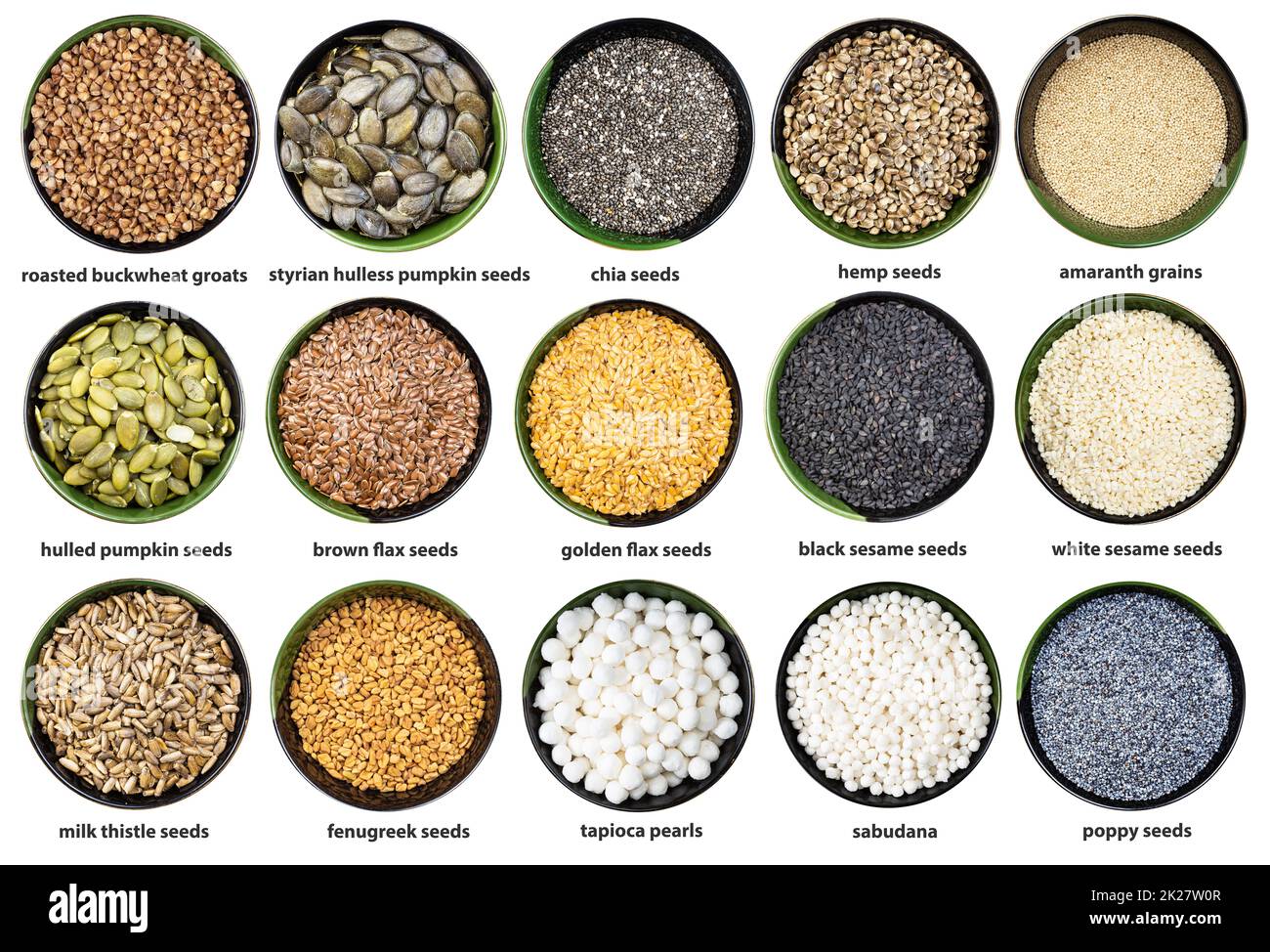 set of various seeds and grains in bowl with names Stock Photo - Alamy