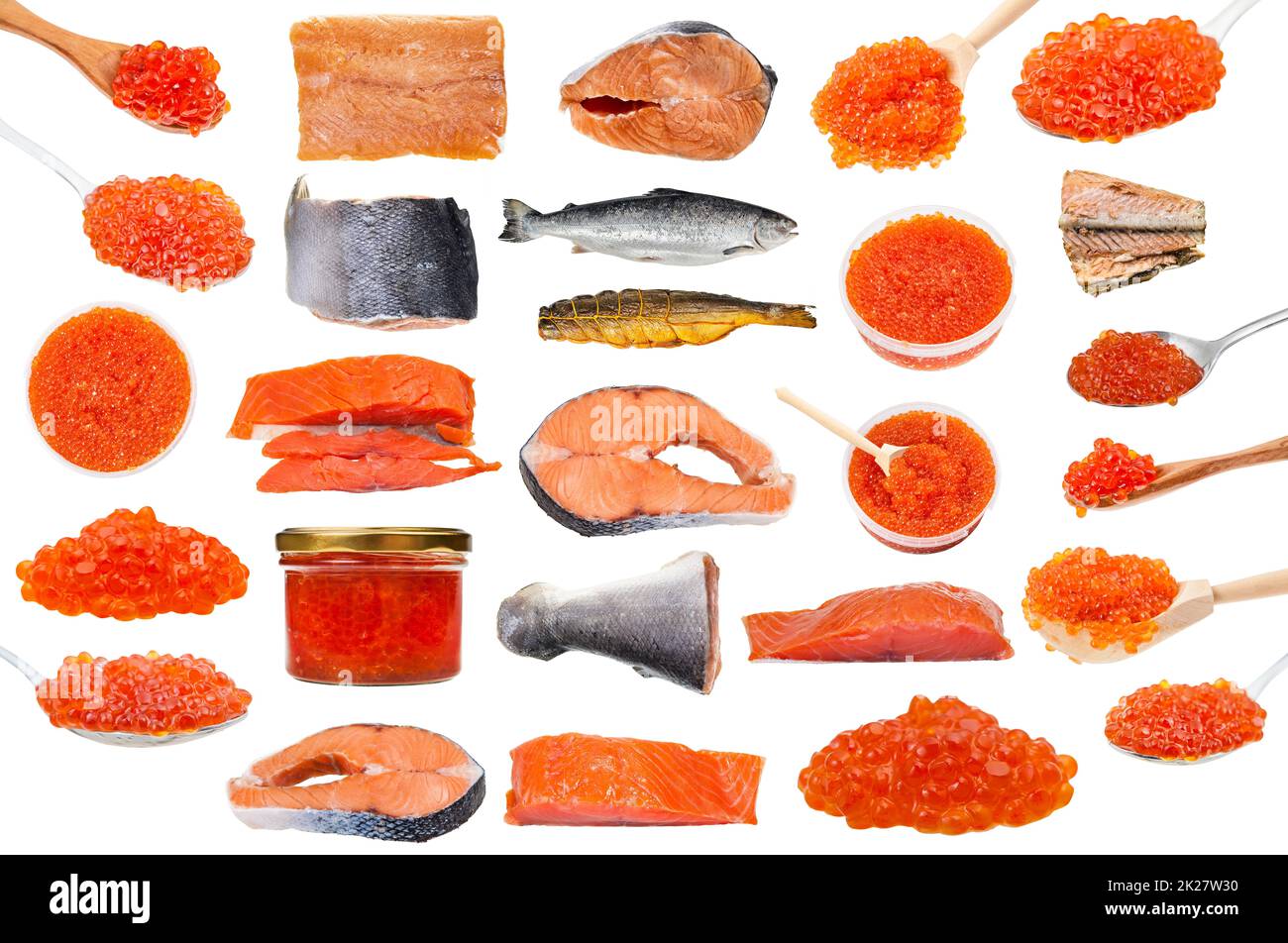 set of various raw and cooked salmon fish and roe Stock Photo - Alamy