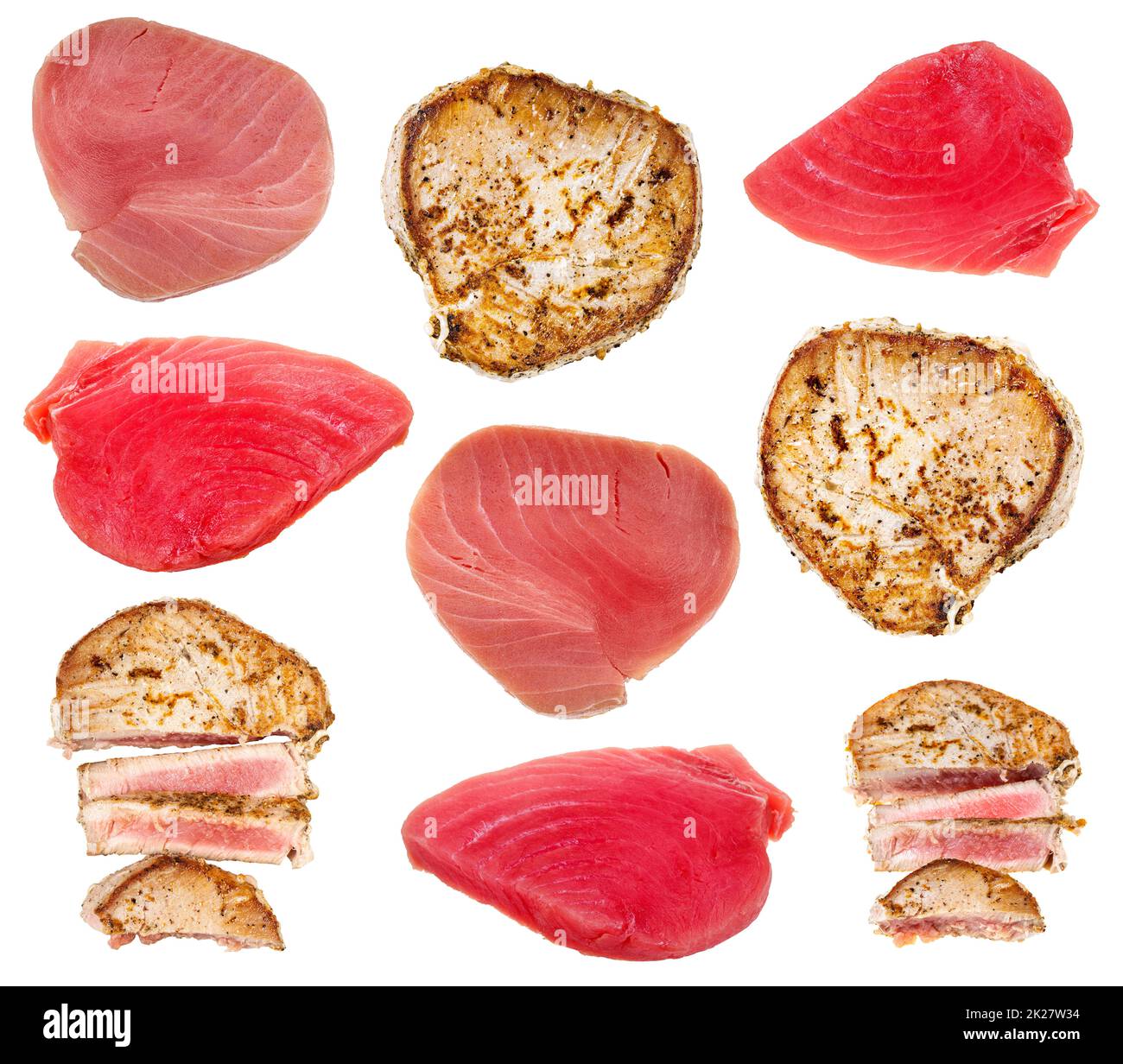 set of raw and sliced grilled steaks of tuna fish Stock Photo - Alamy