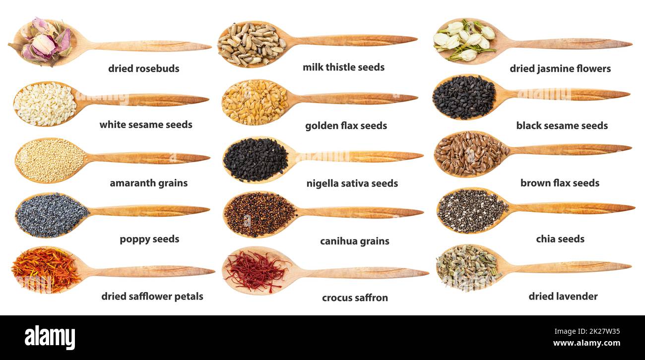 top view of spoon with various seeds with names Stock Photo - Alamy