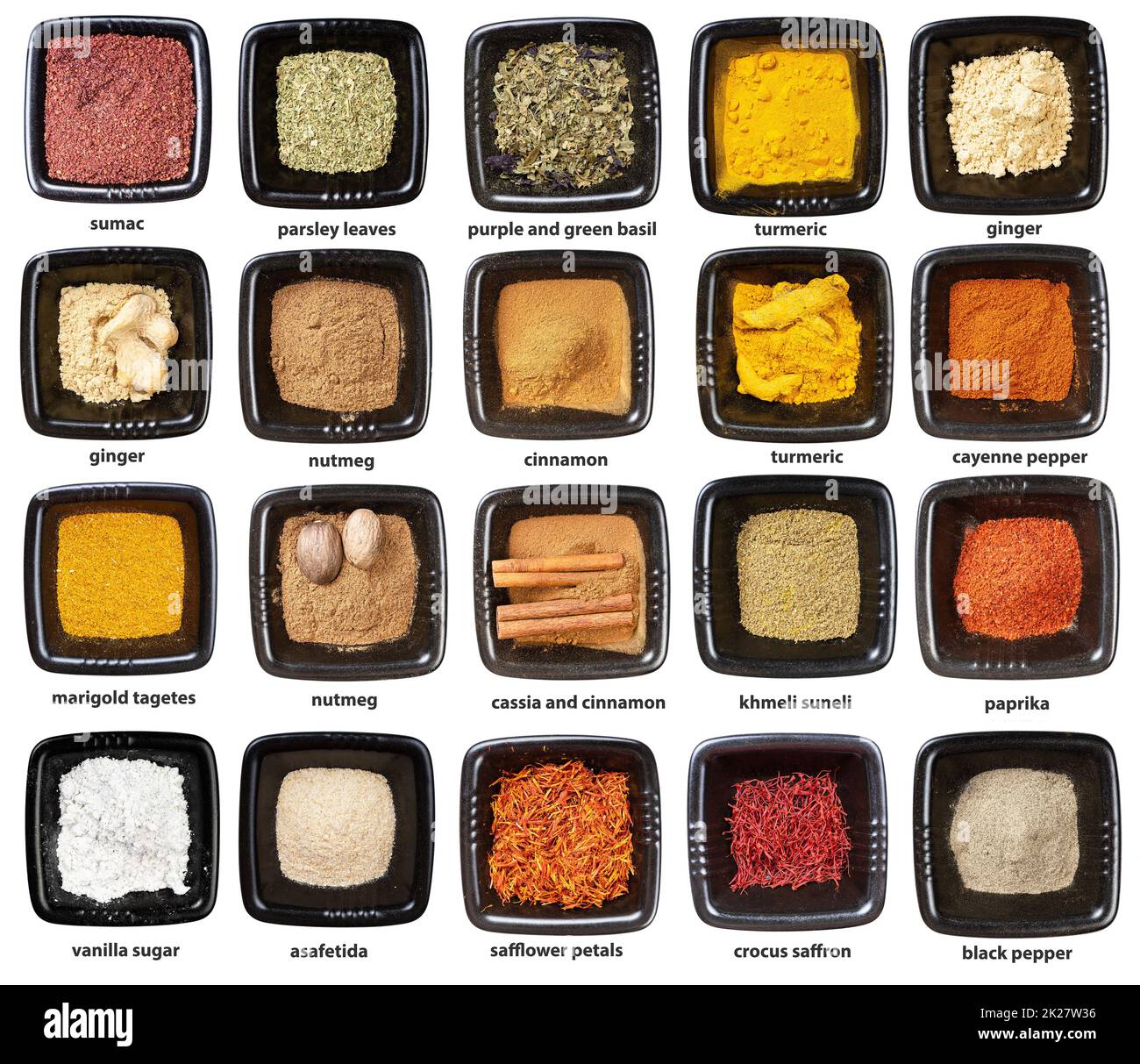 black bowls with various ground spices with names Stock Photo - Alamy