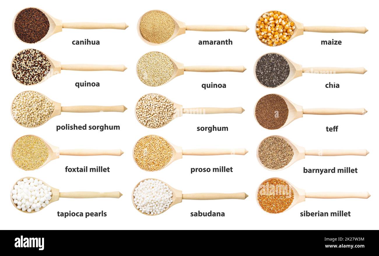 set of wooden spoon with various grains with names Stock Photo - Alamy