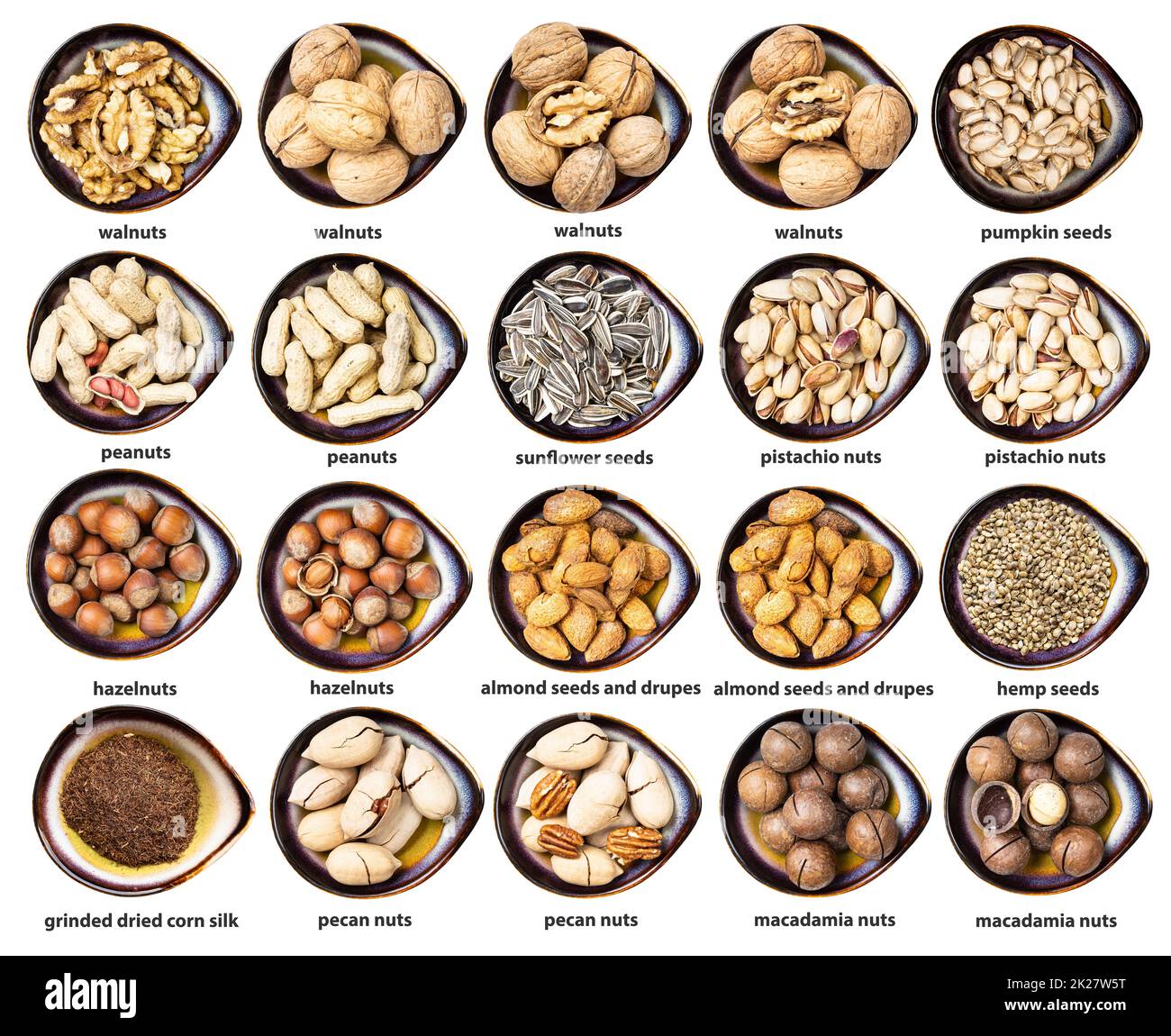 set of various nuts with names in ceramic bowls Stock Photo - Alamy