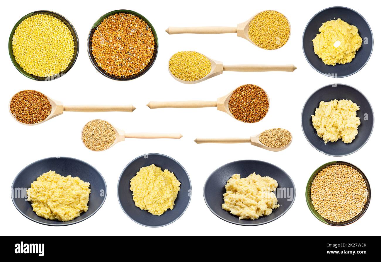 set of boiled and raw proso millet grains isolated Stock Photo - Alamy