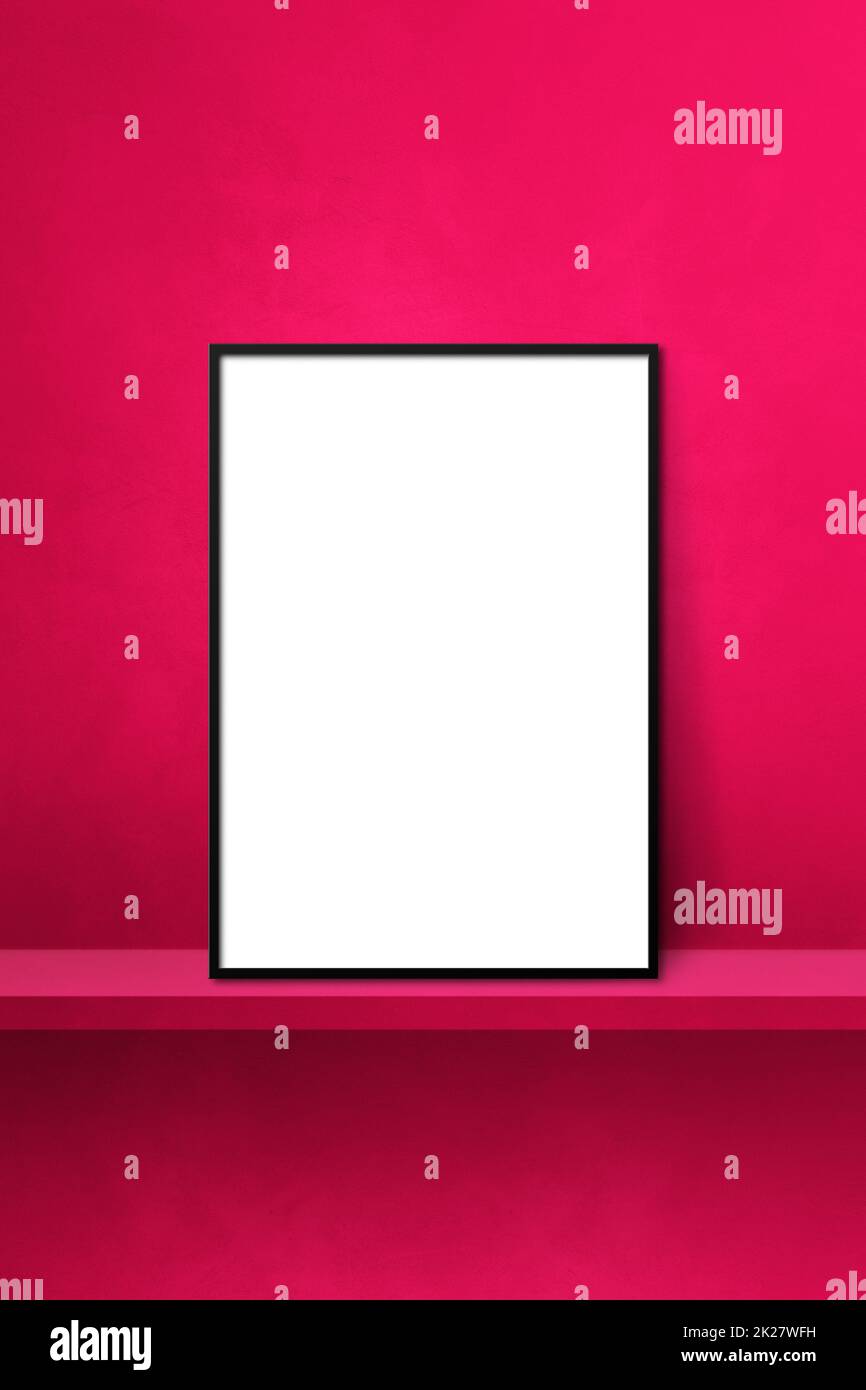 Black picture frame leaning on a pink shelf. 3d illustration. Vertical ...