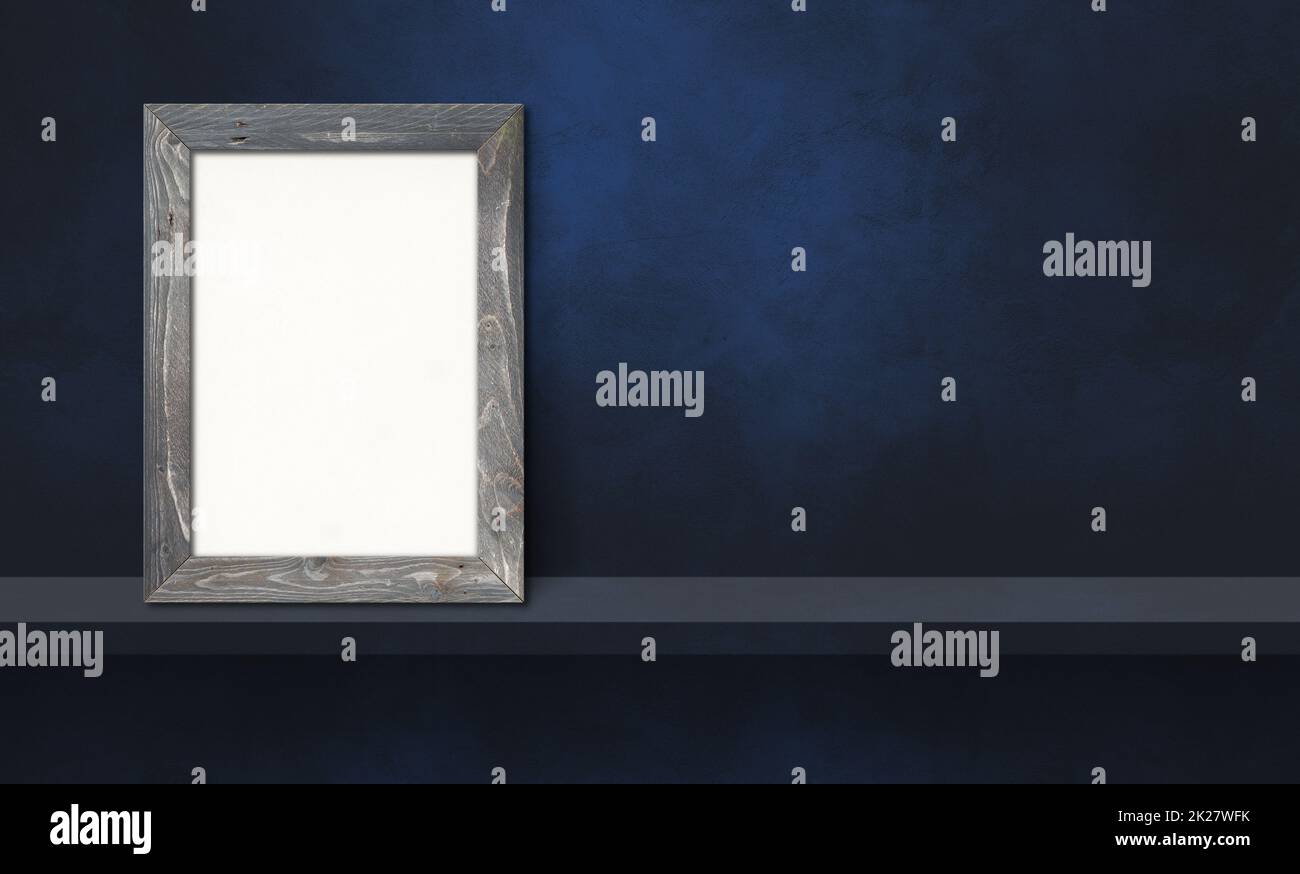 Wooden picture frame leaning on a black shelf. 3d illustration ...