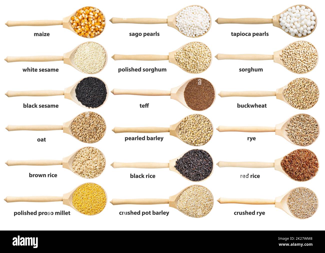 set of wooden spoon with various groats with names Stock Photo - Alamy