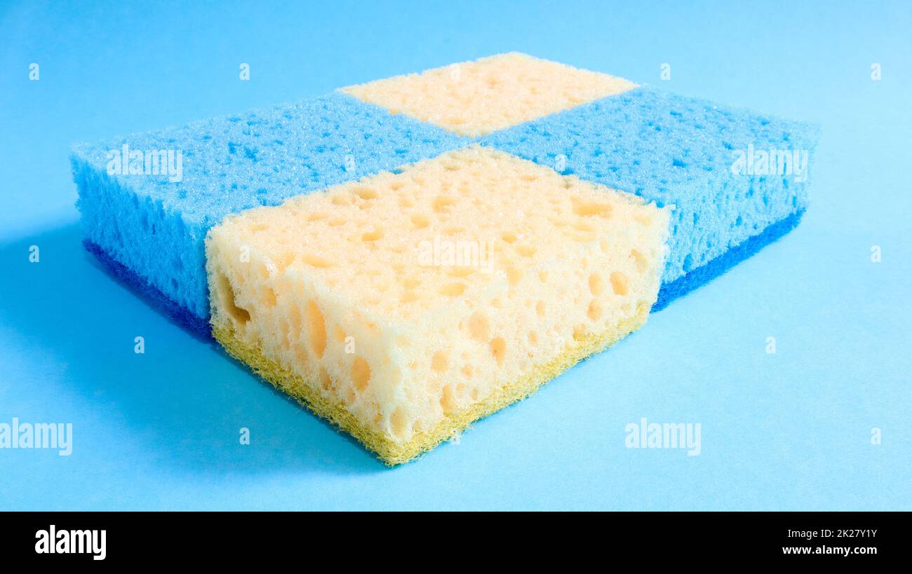 Many blue, red, yellow, green sponges are used to wash and wipe the ...