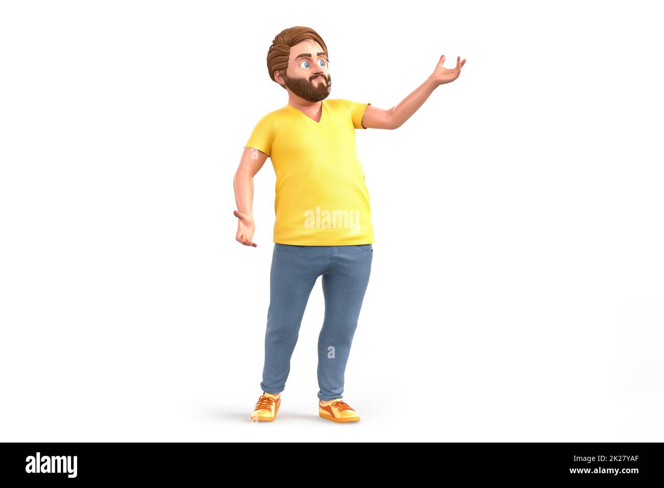 Casual guy showing invisible object. Isolated. 3D Rendering Stock Photo ...