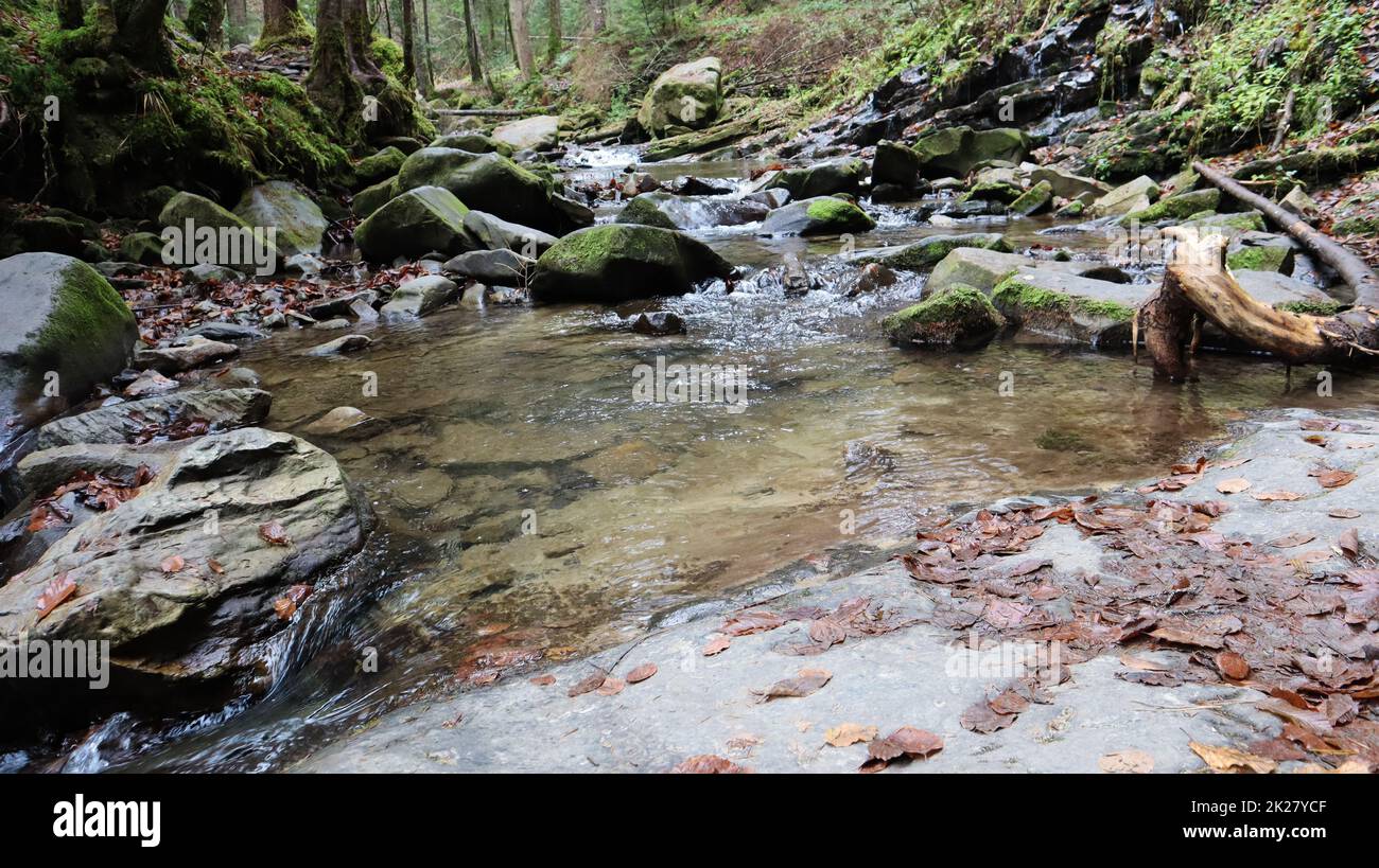 Landscape of a mountain river in the forest in early autumn and late ...