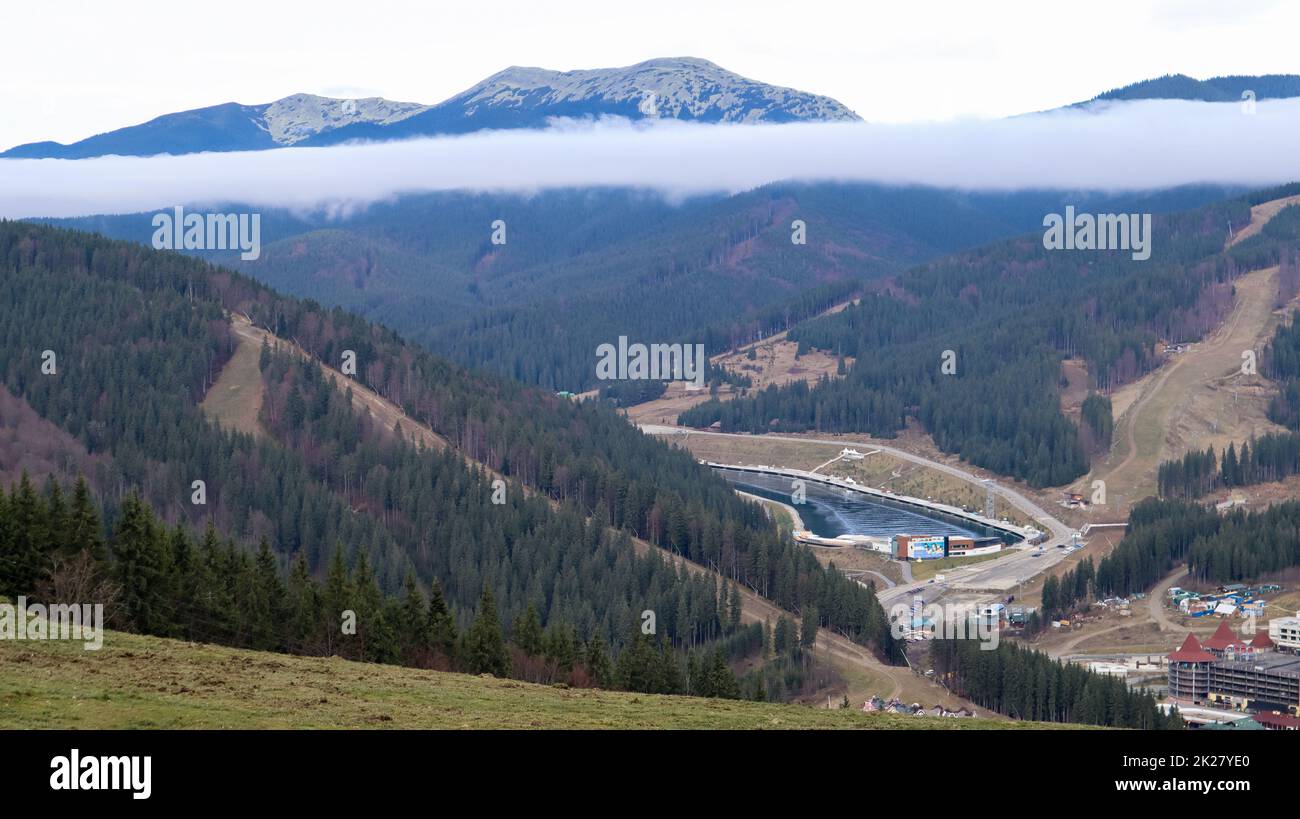 Bukovel ski resort in autumn aerial view. View of hotel houses in the ...
