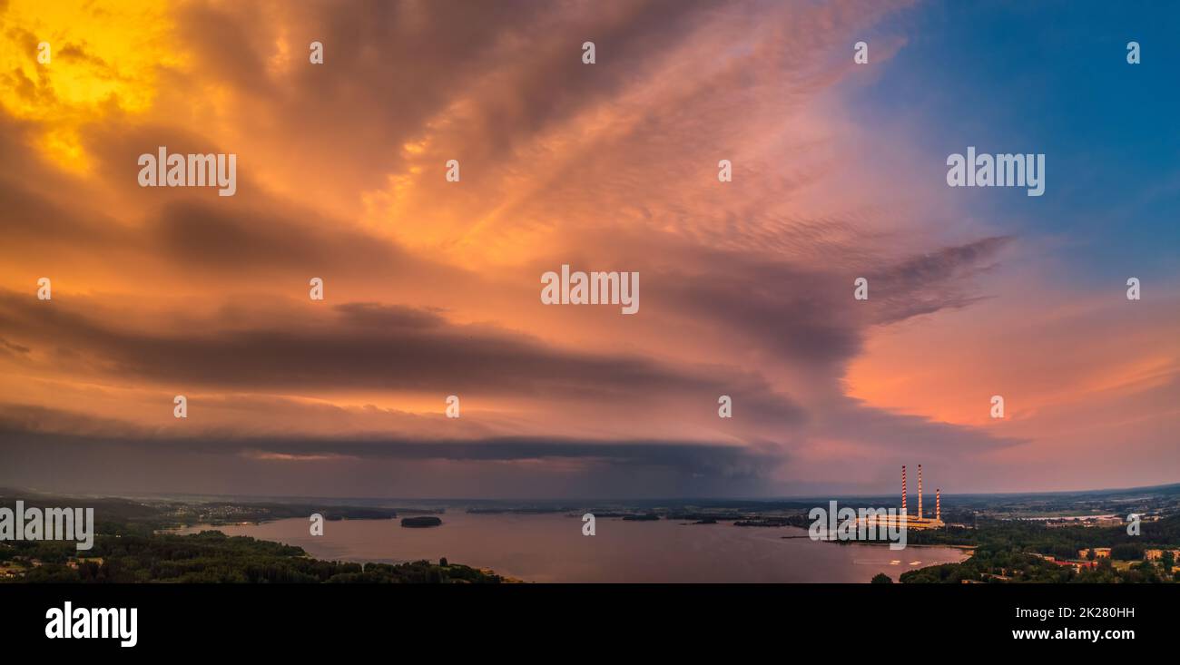 Shelf storm clouds with intense tropic rain, aerial panorama of a storm ...