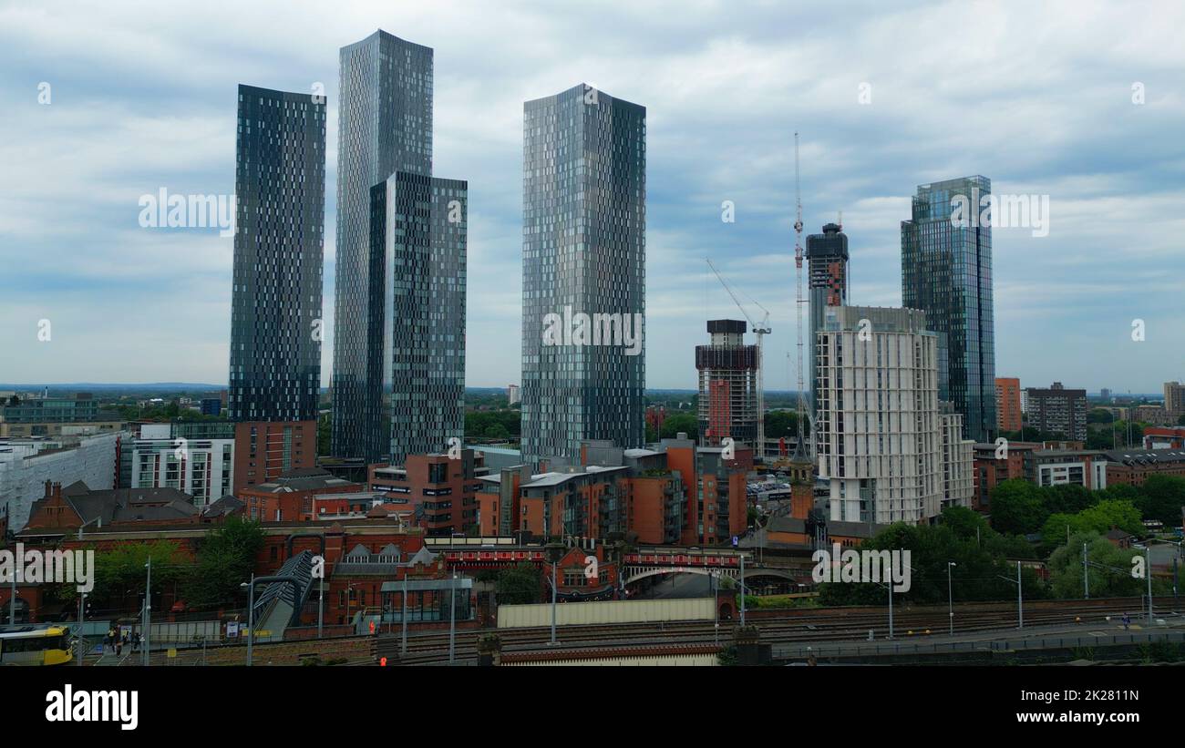 The modern buildings of Manchester Deansgate - aerial view - MANCHESTER ...