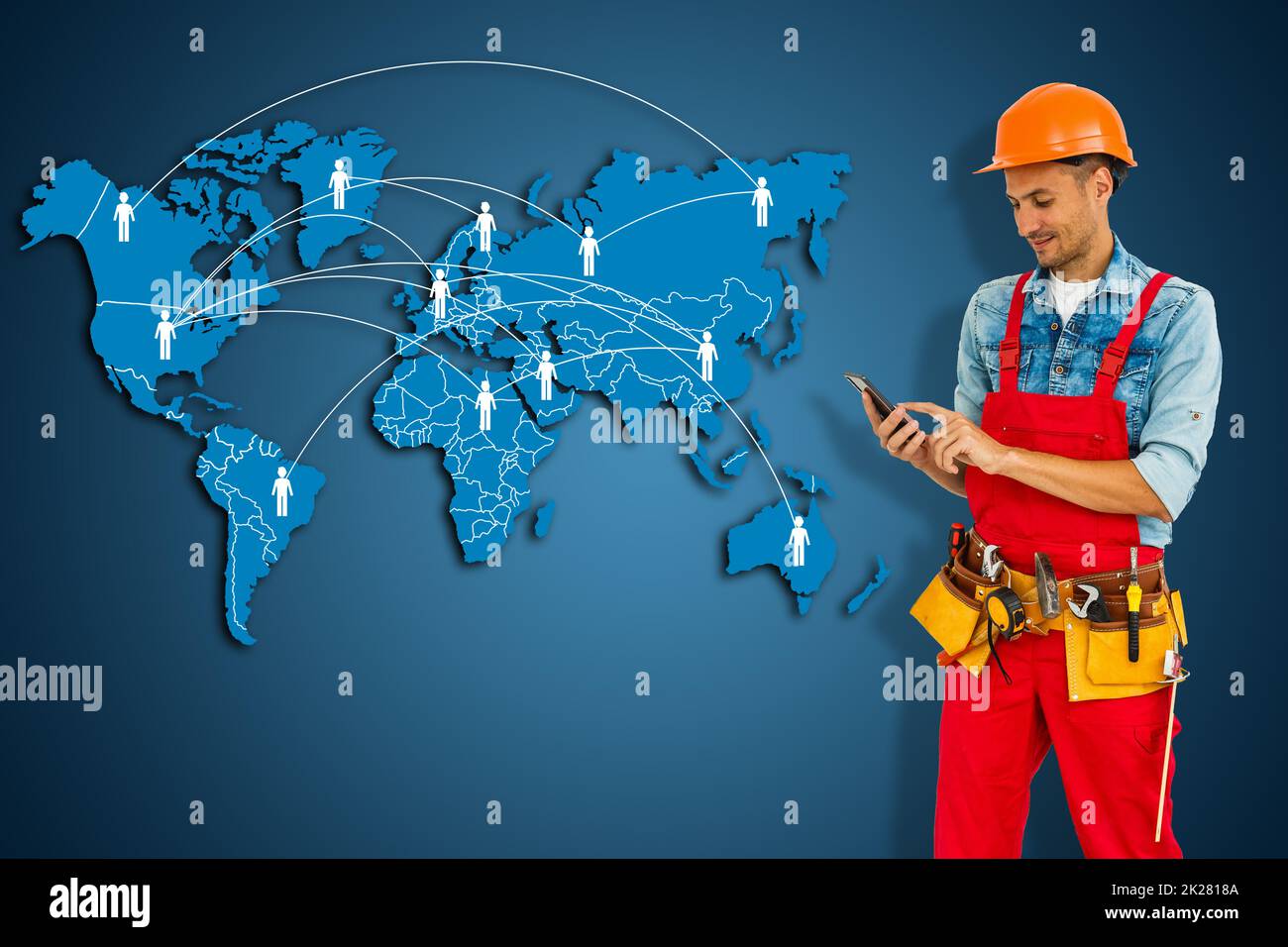 construction man phone world map Stock Photo - Alamy