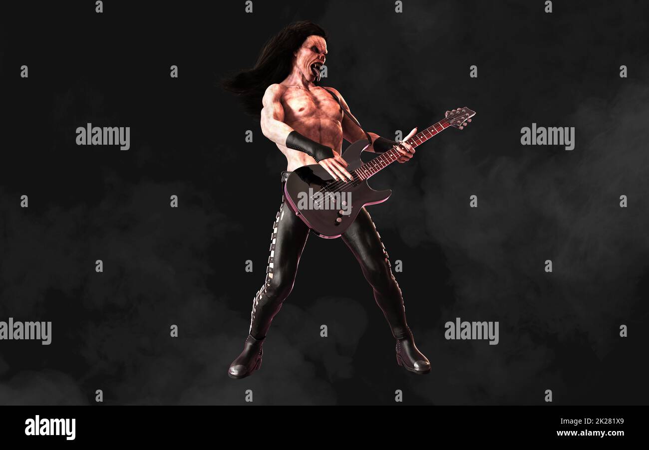 3d Illustration Devil pose and plays an electric guitar surrounded on ...