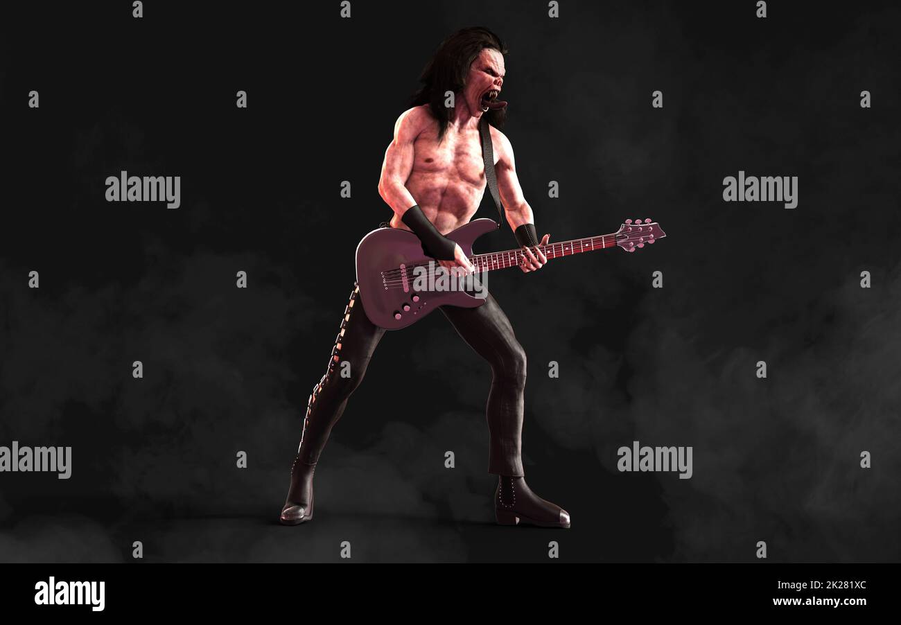 3d Illustration Devil pose and plays an electric guitar surrounded on ...