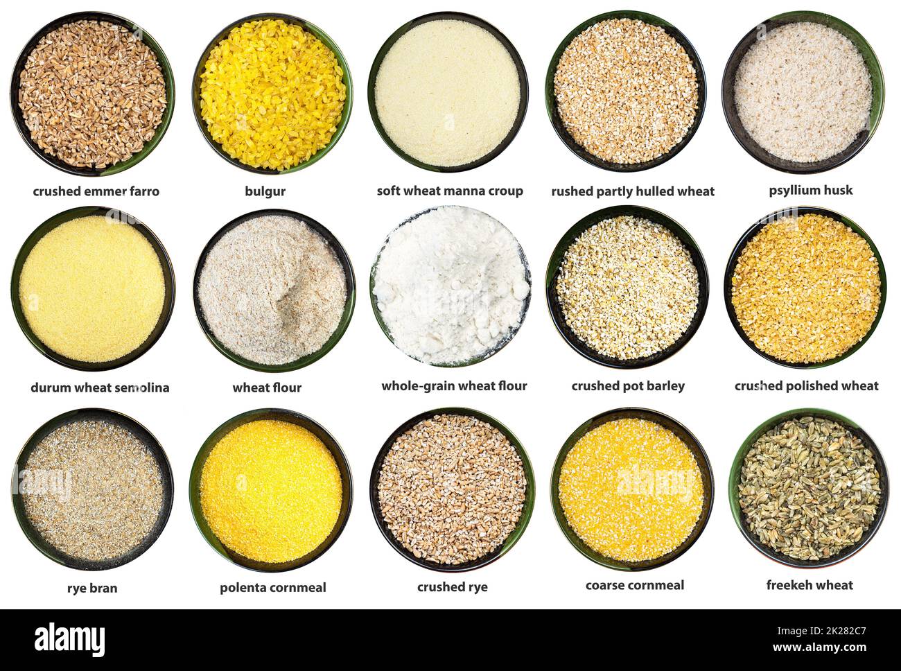 set of various crushed grains in bowls with names Stock Photo - Alamy