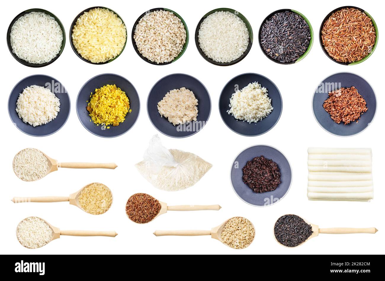 set of various cooked and raw rice groats isolated Stock Photo - Alamy