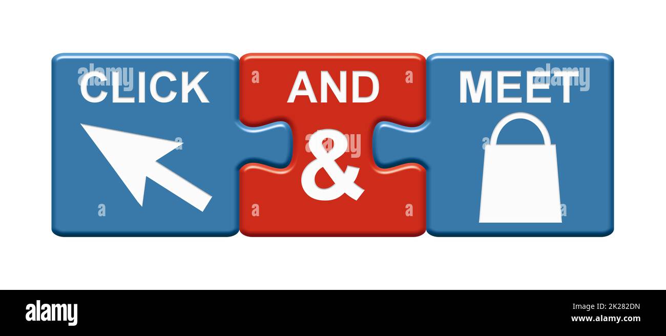 Click & Meet - Puzzle Button blue and red Stock Photo - Alamy