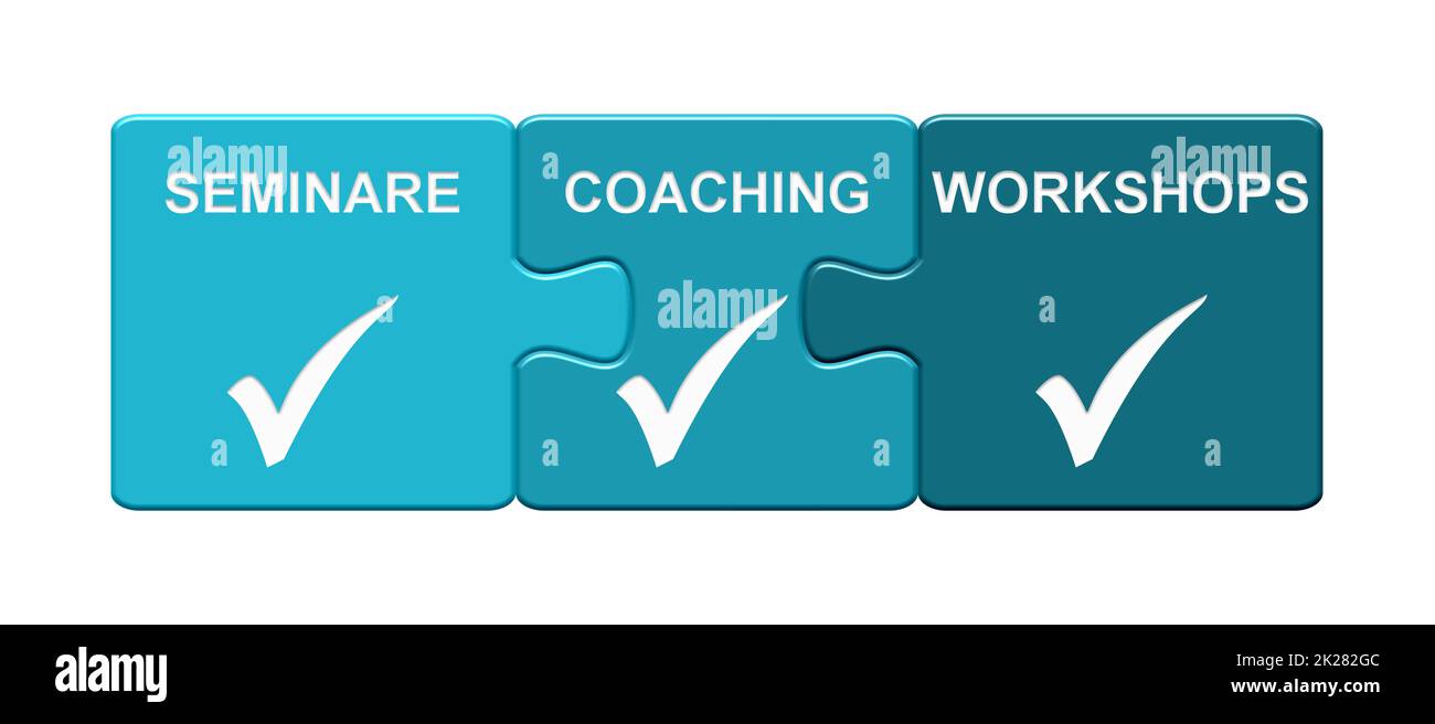 3 blue Puzzle Buttons with ticks showing Seminars, Coaching and ...