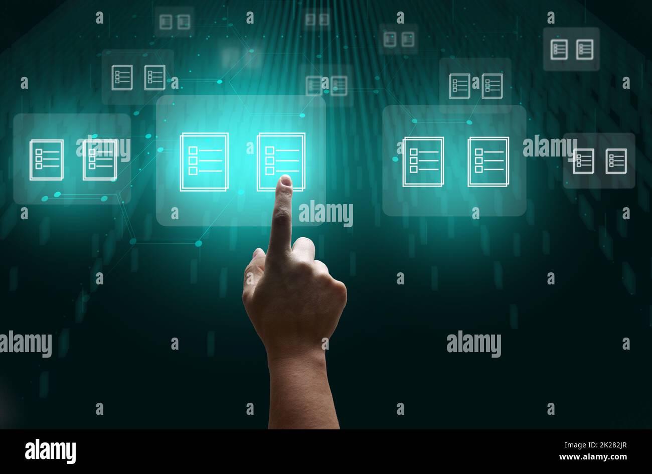 female hand checks documents on a holographic screen. The concept of ...