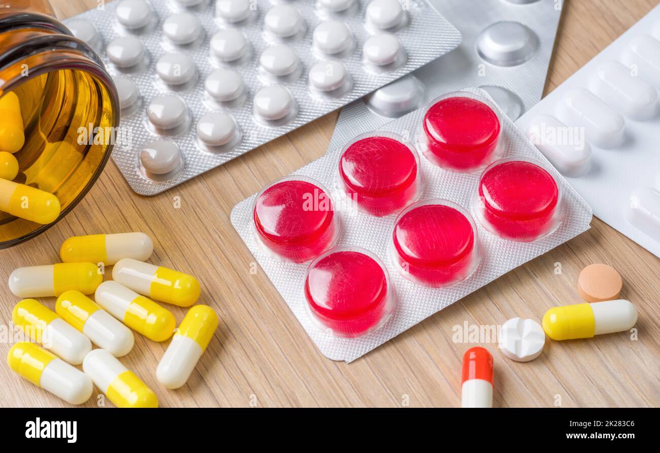Different medicine pills and capsules with blister packs Stock Photo ...