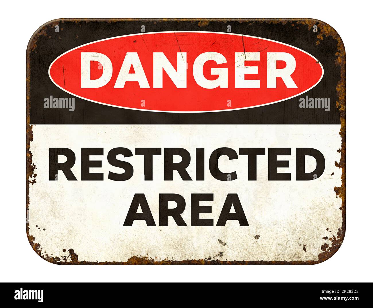 Vintage tin danger sign on a white background - Restricted Area Stock ...