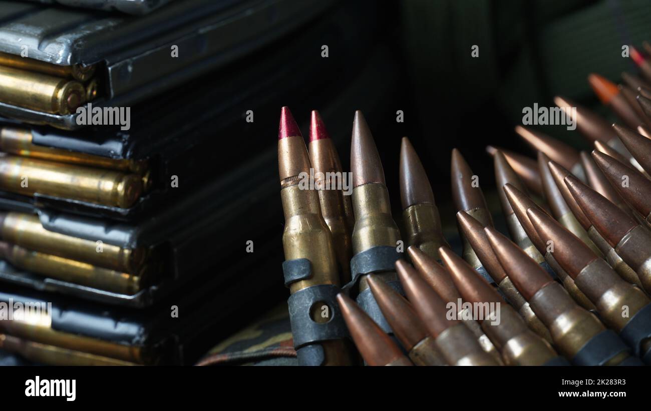 Photo of 5.56mm ammunition, machine gun bullets belt, rifle ammunition ...