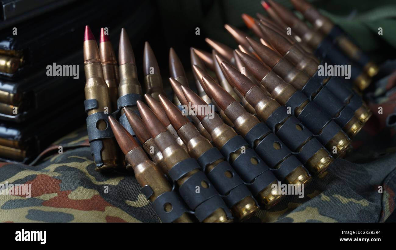Photo of 5.56mm ammunition, machine gun bullets belt, rifle ammunition ...