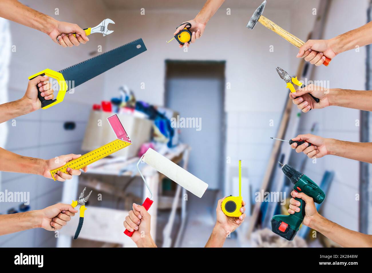 Hands with construction tools. House Renovation background Stock Photo ...