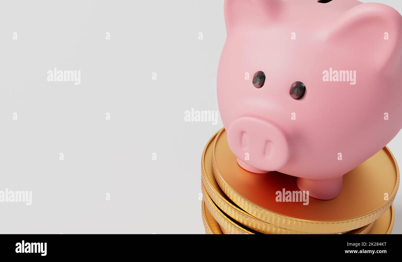 Pink piggy bank money box with a stack of gold coins. 3D Rendering ...
