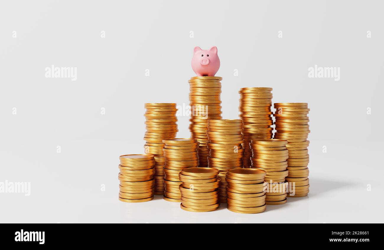 Pink piggy bank money box with a stack of gold coins. 3D Rendering ...