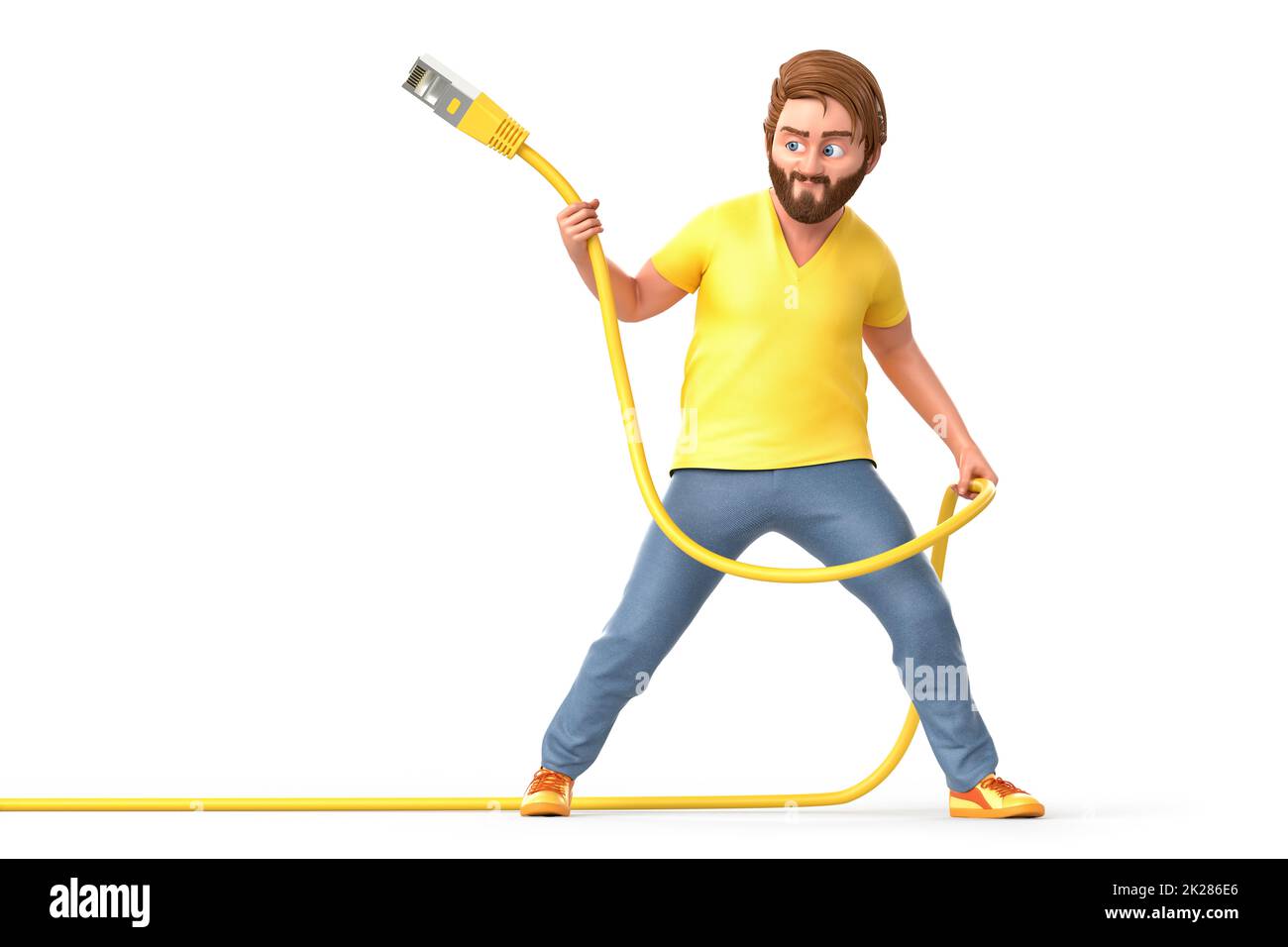 Casual dressed man holding network cable. Isolated on white background ...