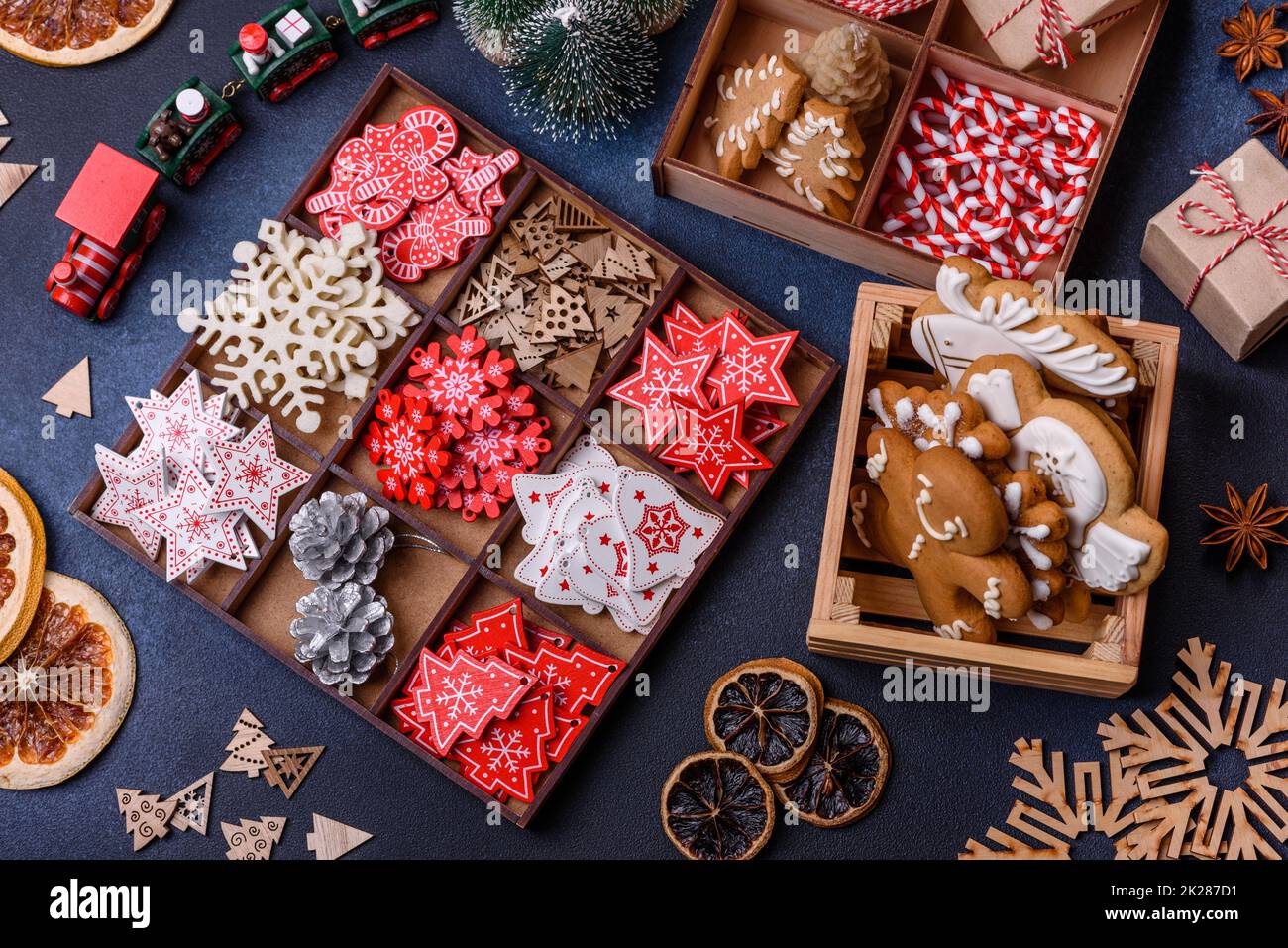 Christmas tree wooden toys in white and red colors, gingerbread and ...
