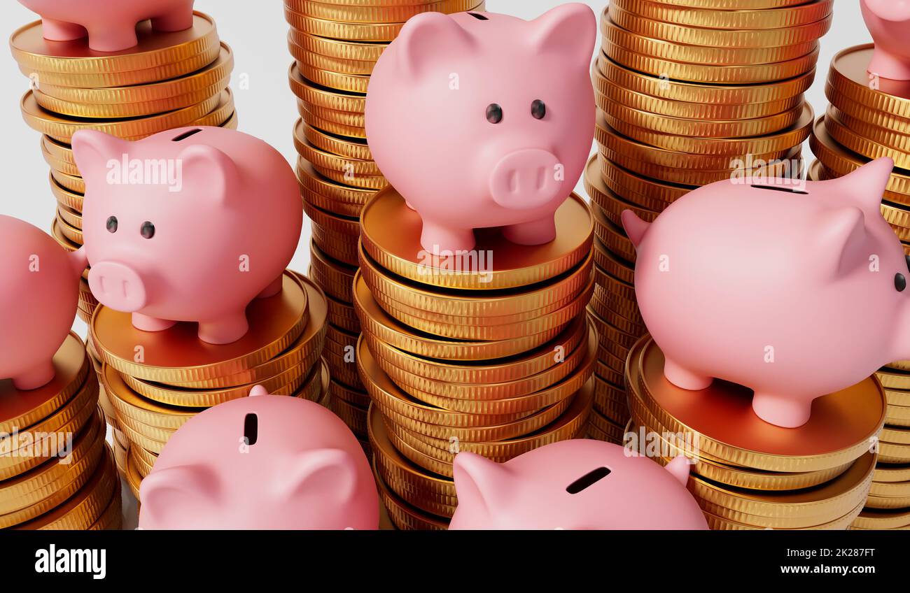 Pink piggy bank money box with a stack of gold coins. 3D Rendering ...