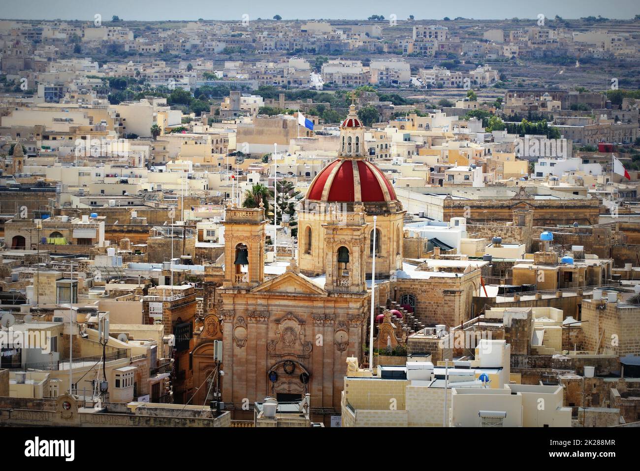 View over the city of Victoria or Rabat at Gozo, the neighboring island ...
