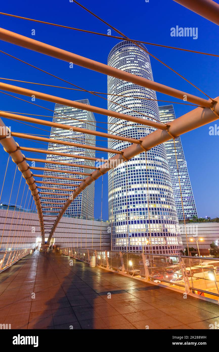 Tel Aviv Azrieli Center skyline Israel twilight night portrait format ...