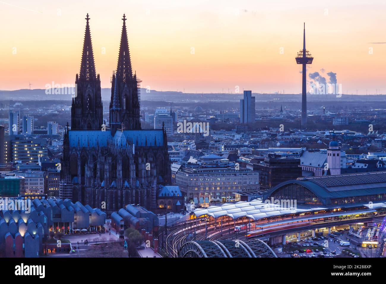 Cologne Cathedral church Germany main station twilight skyline city ...