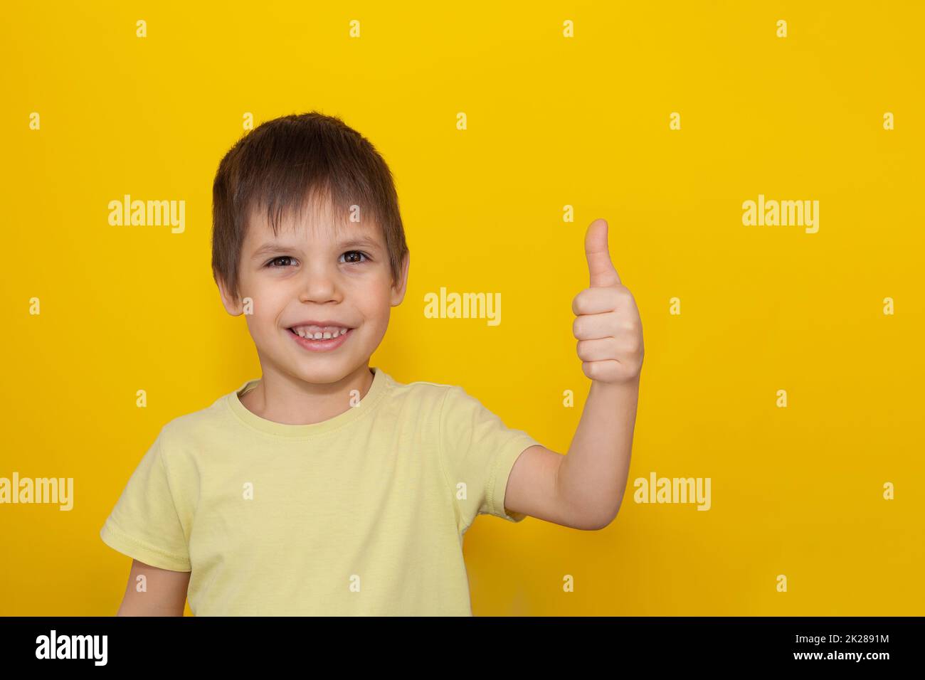 Portrait of smiling little boy with finger pointed up. Boy showing like ...