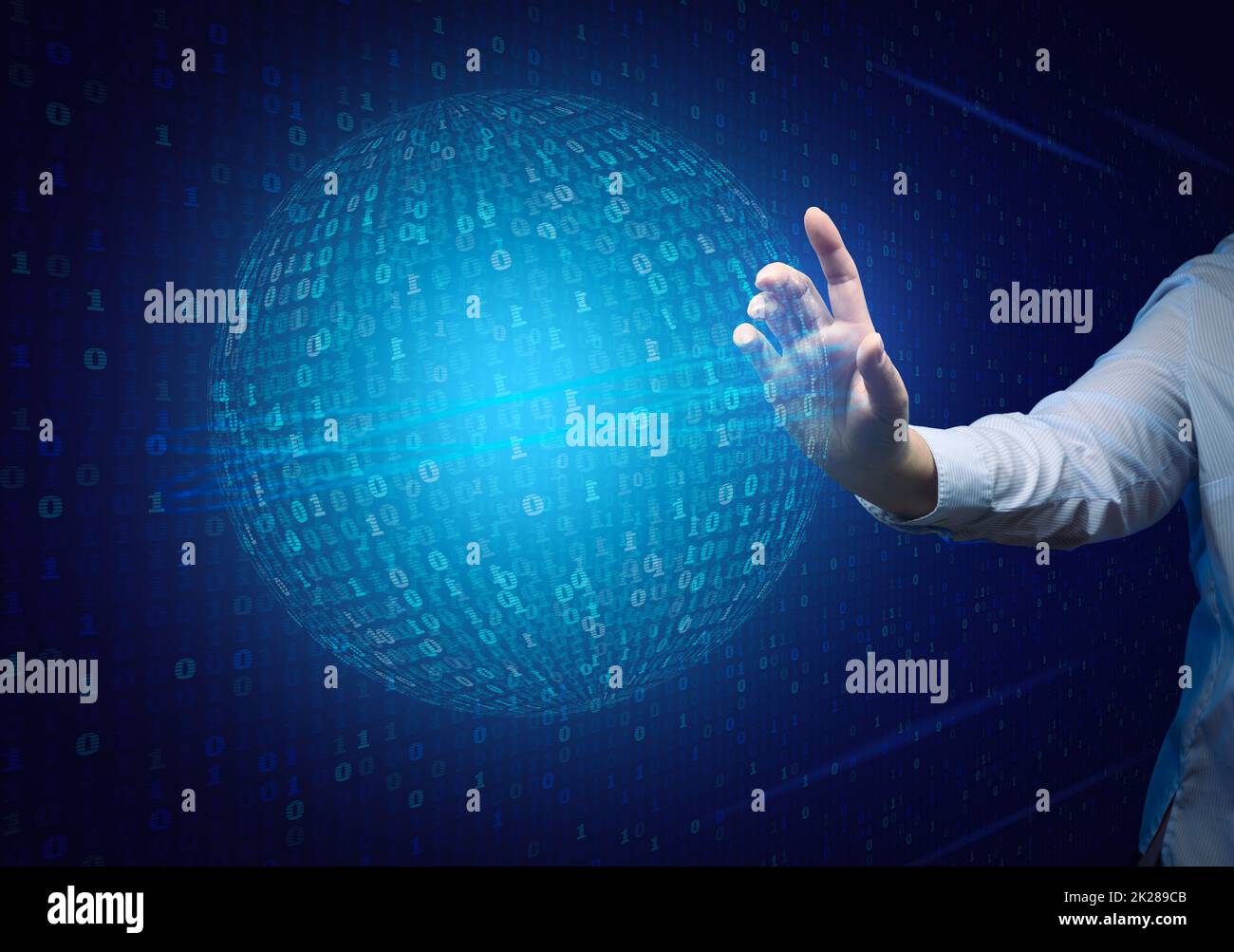Woman Stands In Front Of A Virtual Screen With A Binary Code Data Verification Device And