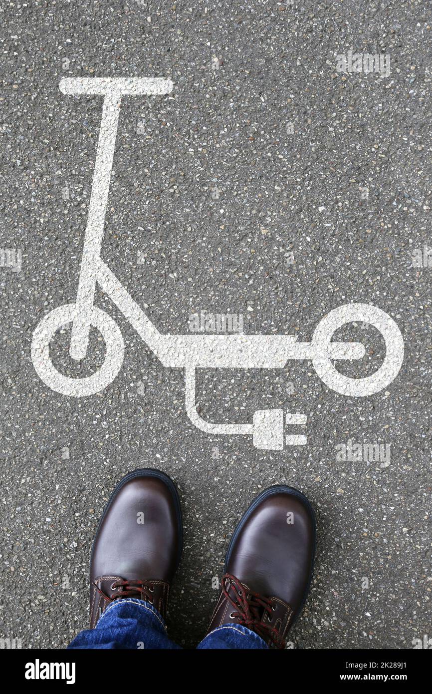 Man people electric scooter e-scooter road sign eco friendly mobility ...