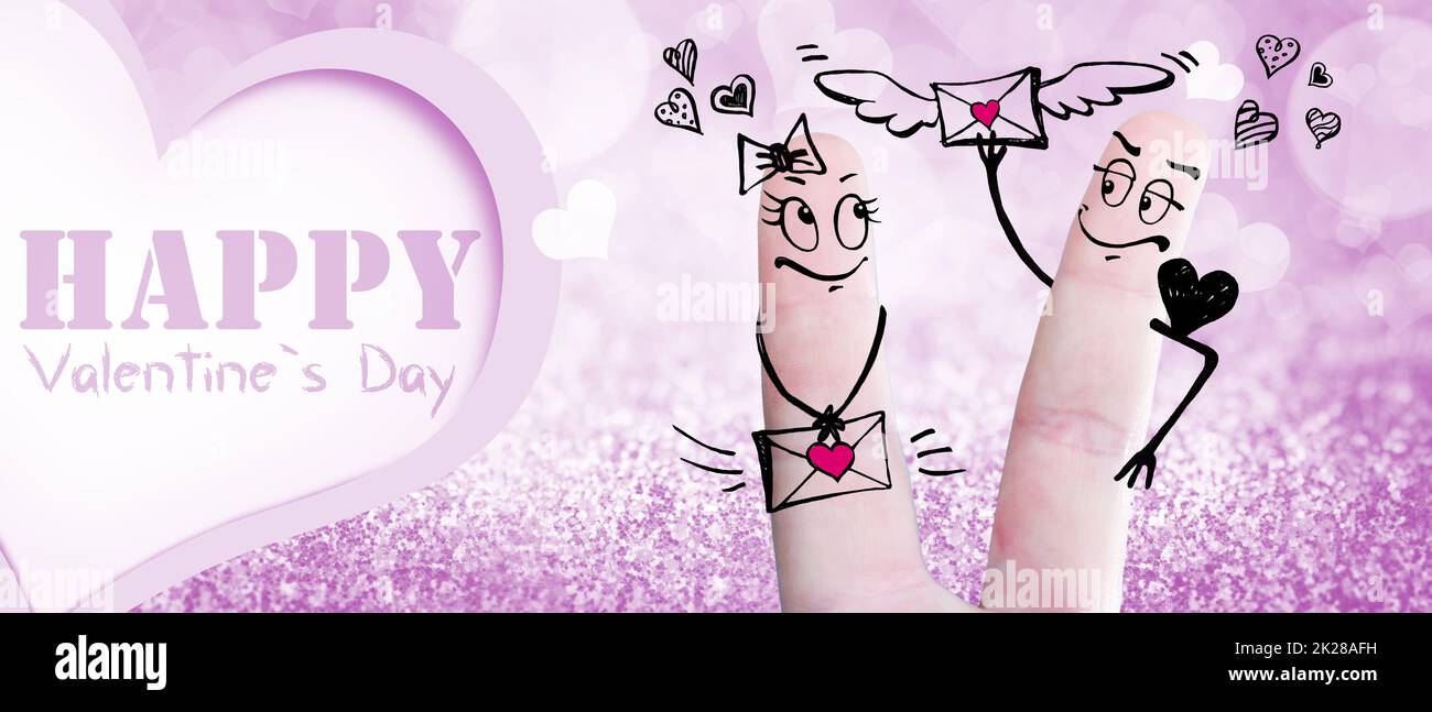 Happy finger couple in love celebrating Valentine day. 3d illustration ...