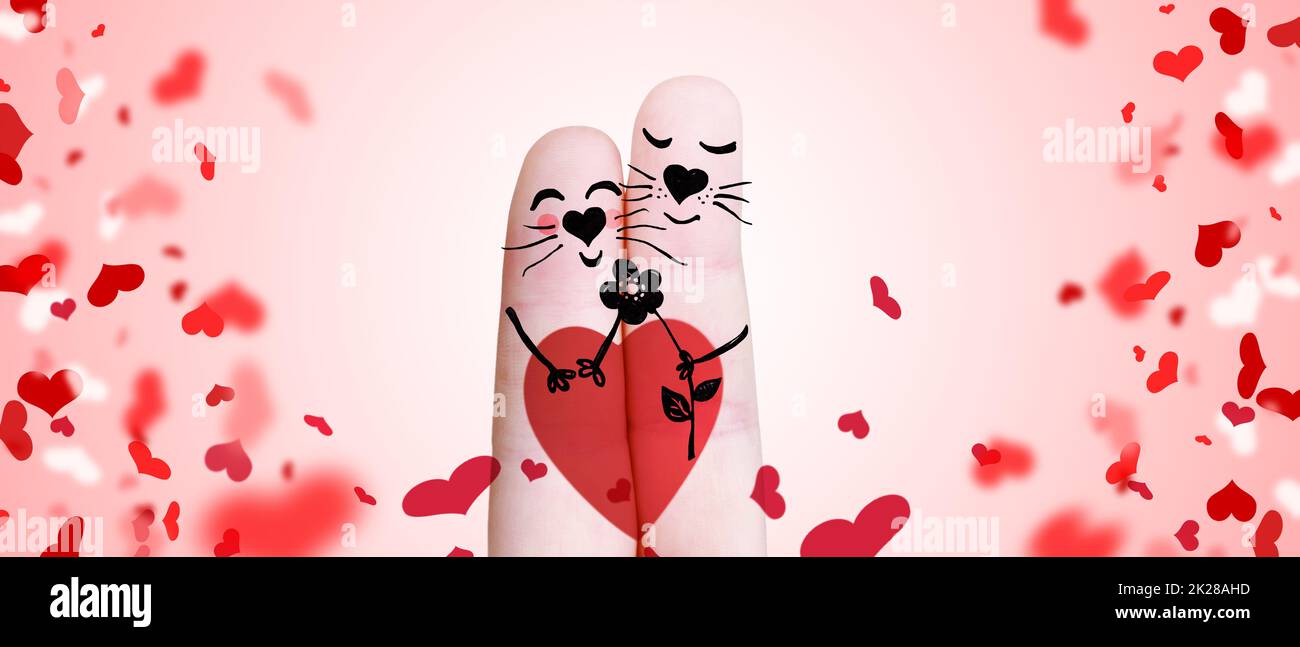Happy finger couple in love celebrating Valentine day. 3d illustration ...