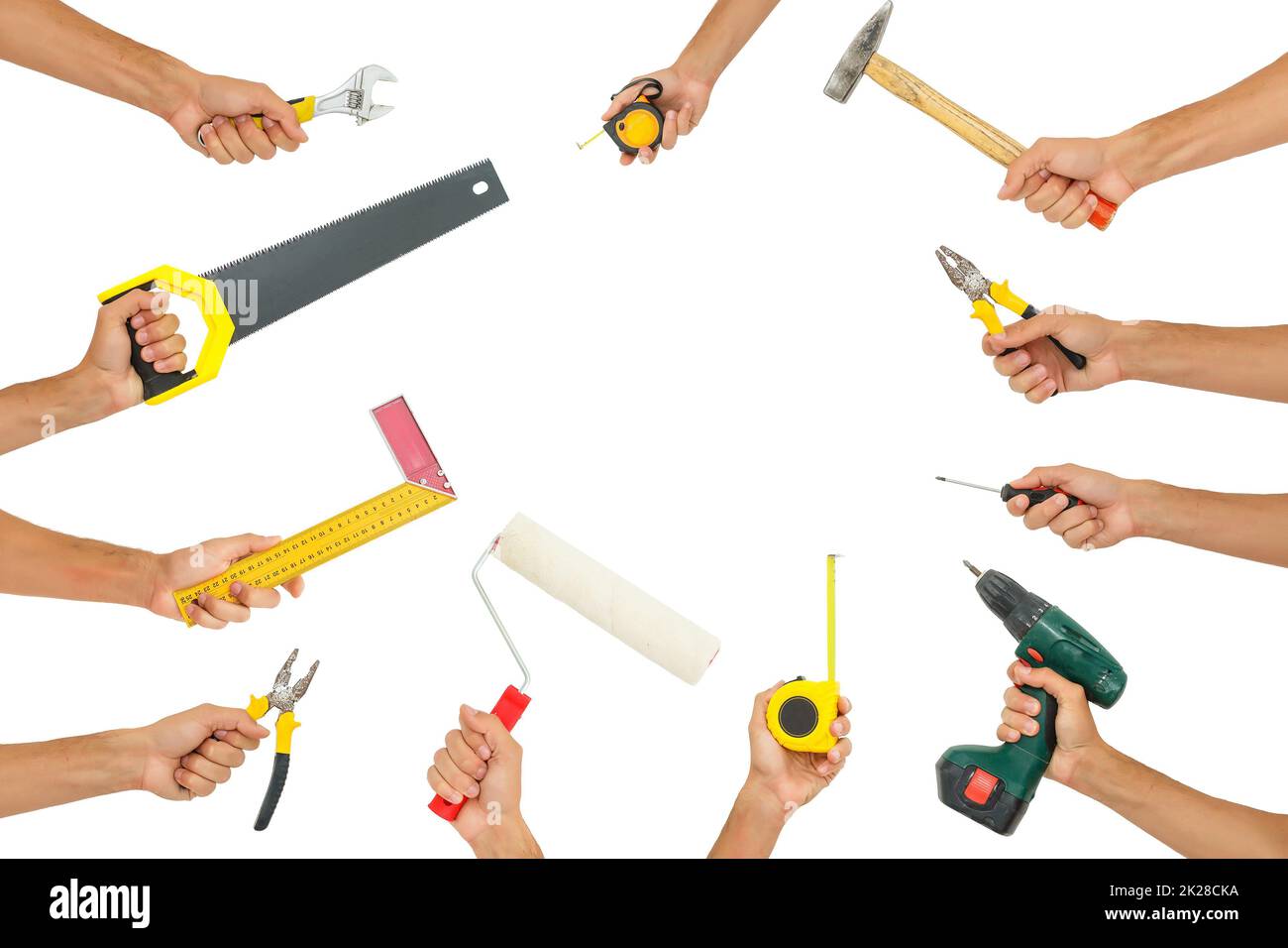 Hands holding hand tools isolated on white background Stock Photo - Alamy