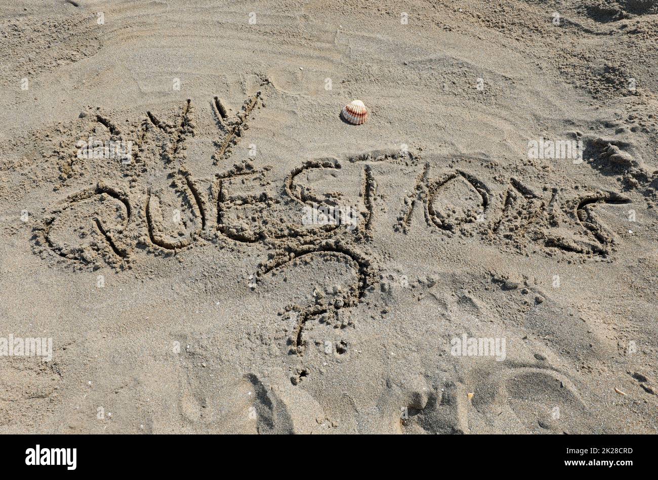 Words ANY QUESTIONS writte on the sand of beach Stock Photo - Alamy