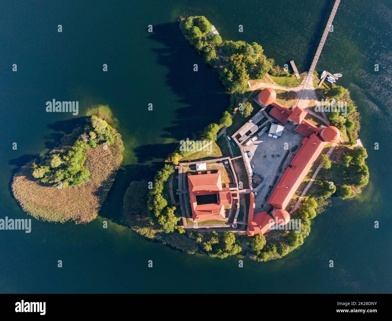Lithuanian water castle - top down aerial view of Trakai Castle and ...